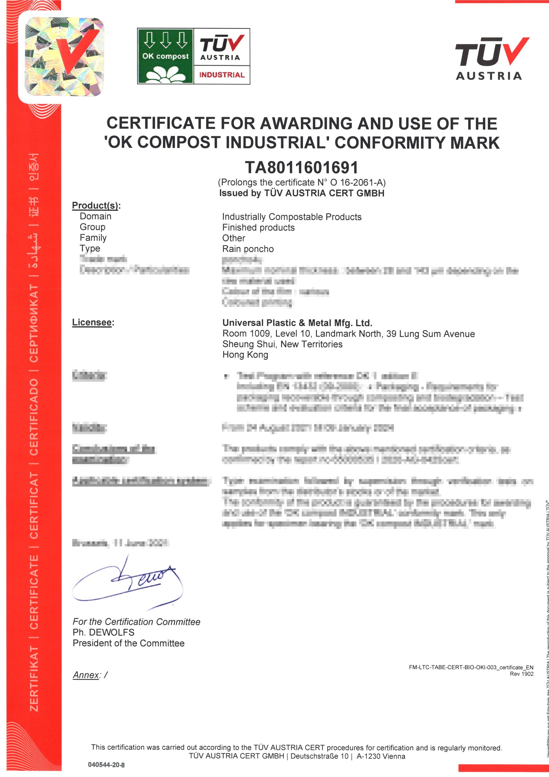 Certificates – Universal Plastic & Metal Manufacturing Limited