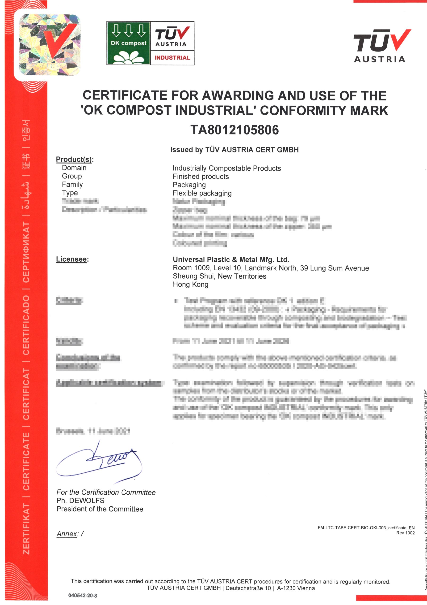 Certificates – Universal Plastic & Metal Manufacturing Limited